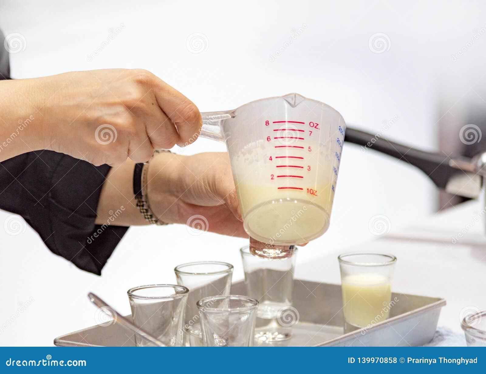 Measuring Out Milk in a Measuring Jug for Cooking or Test Stock Photo ...