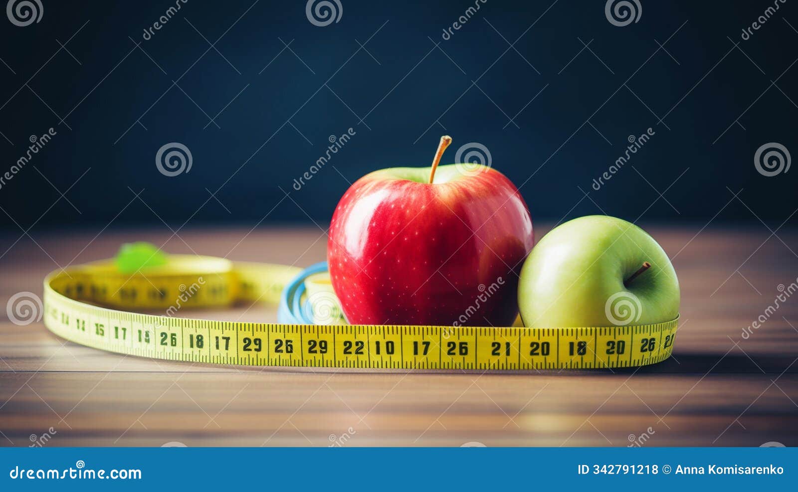 Measuring Tape Apple on Wooden Table. Emaciation Stock Photo - Image of ...