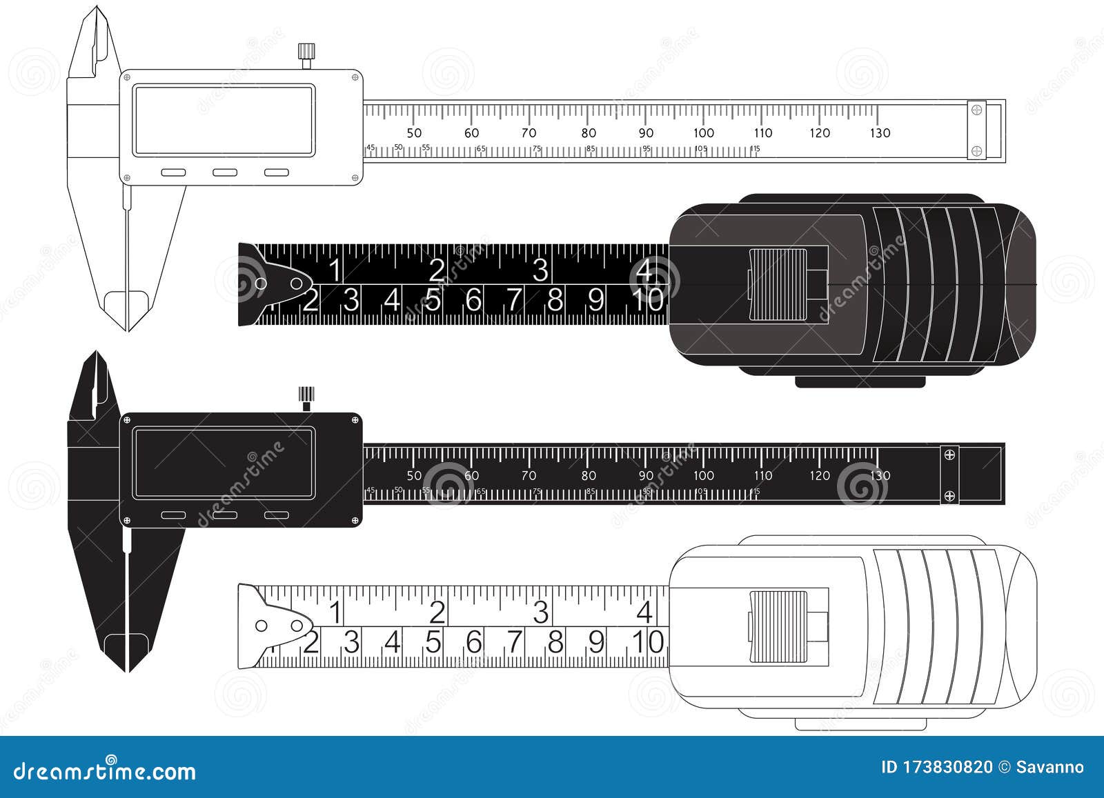 Measuring Tape And Caliper. Outline Drawing Vector Illustration ...