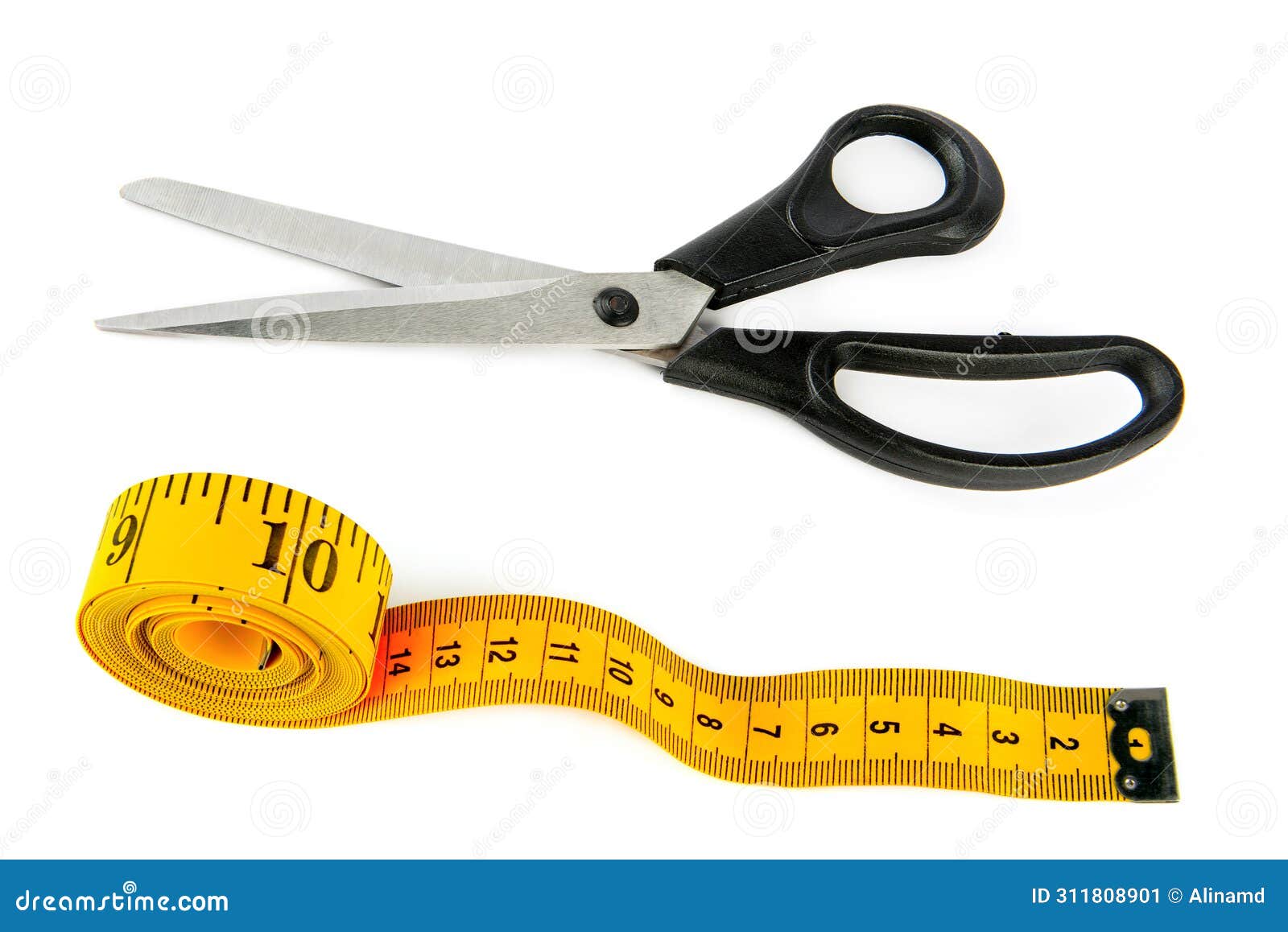 Measuring Tape and Tailor Scissors Isolated on White. Collage Stock ...