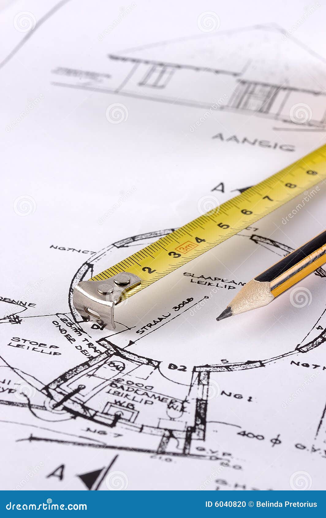 The Measuring Tape on a Technical Drawing Stock Photo - Image of pencil ...