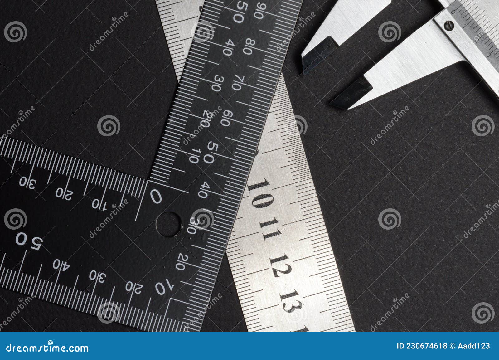 Measuring Tool, Ruler Square and Caliper. Lie on a Dark Background ...