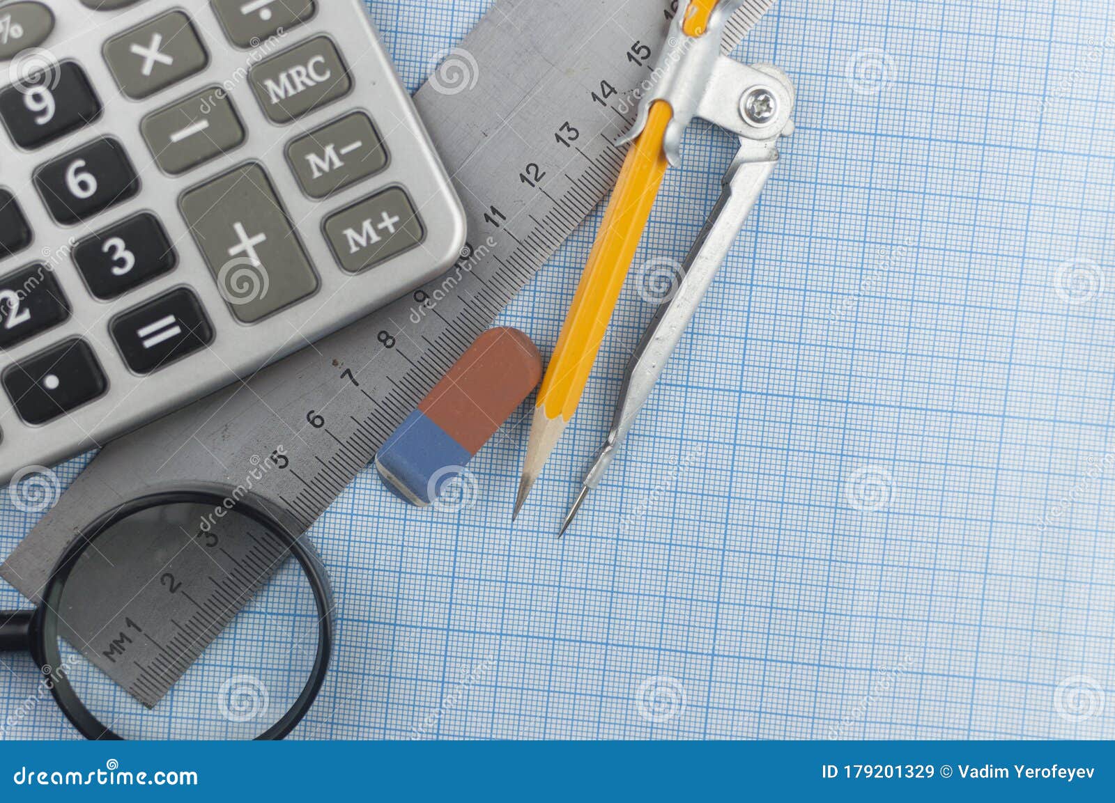 Measuring Tools Above Blue Graph Paper Stock Image - Image of line ...