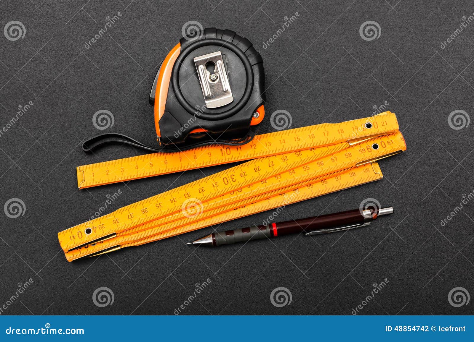 Measuring Tools and Pencil on Black Stock Photo - Image of black ...