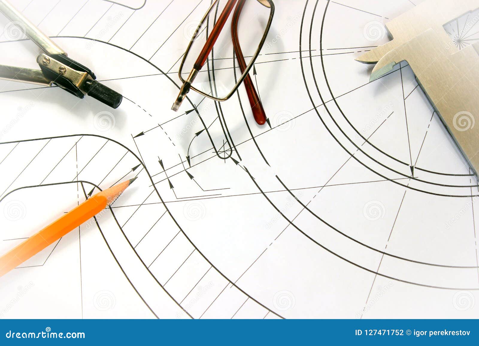 Measuring Tools Scattered in the Drawing, Engineering Stock Photo ...
