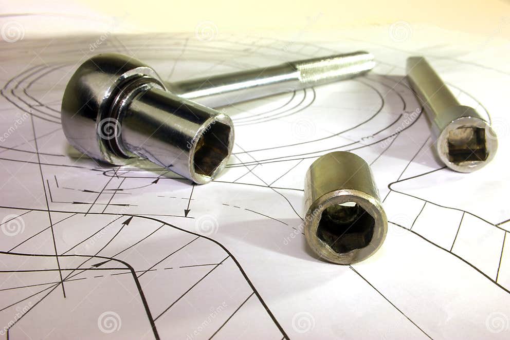 Measuring Tools Scattered in the Drawing, Engineering Work Stock Image ...