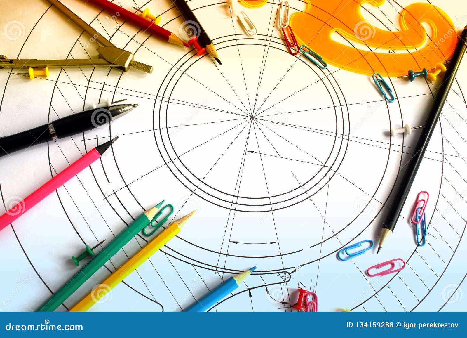 Measuring Tools Scattered in the Drawing, Engineering Work on the ...