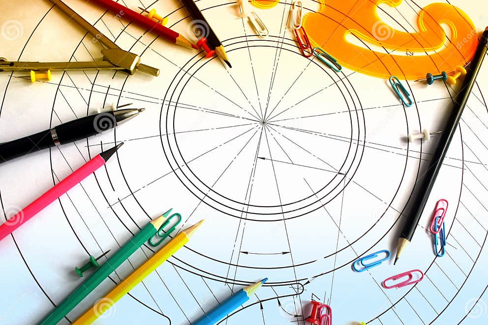 Measuring Tools Scattered in the Drawing, Engineering Work on the ...
