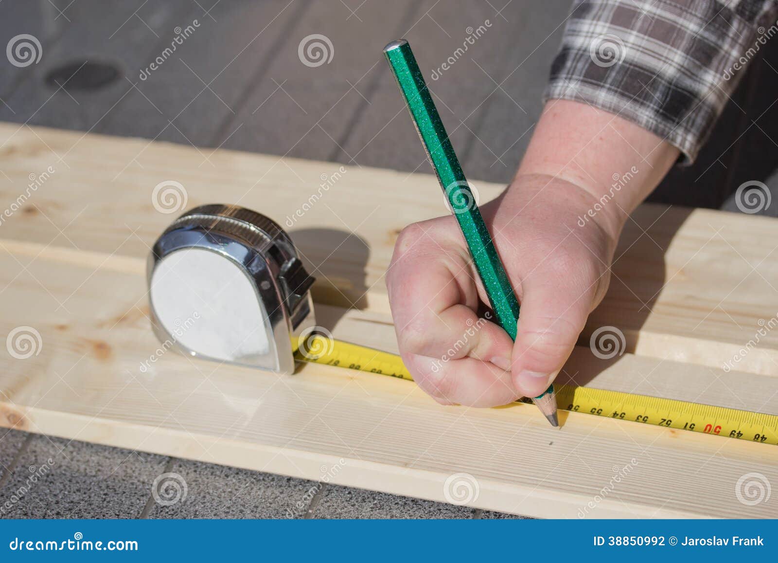 Measuring a Wooden Board with Ruler and Pencil. Stock Photo - Image of ...