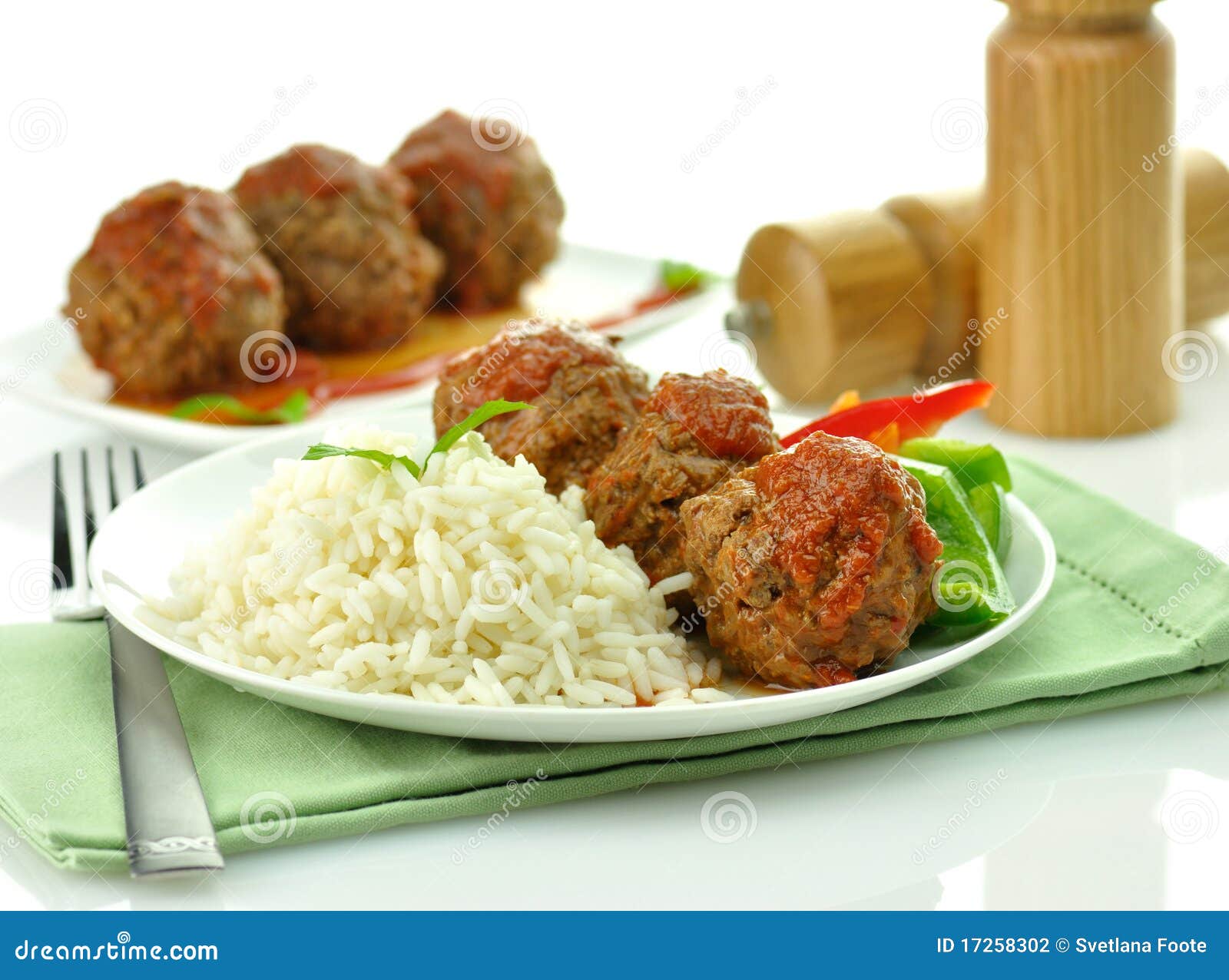 Meat balls with rice stock photo. Image of fork, tomato - 17258302