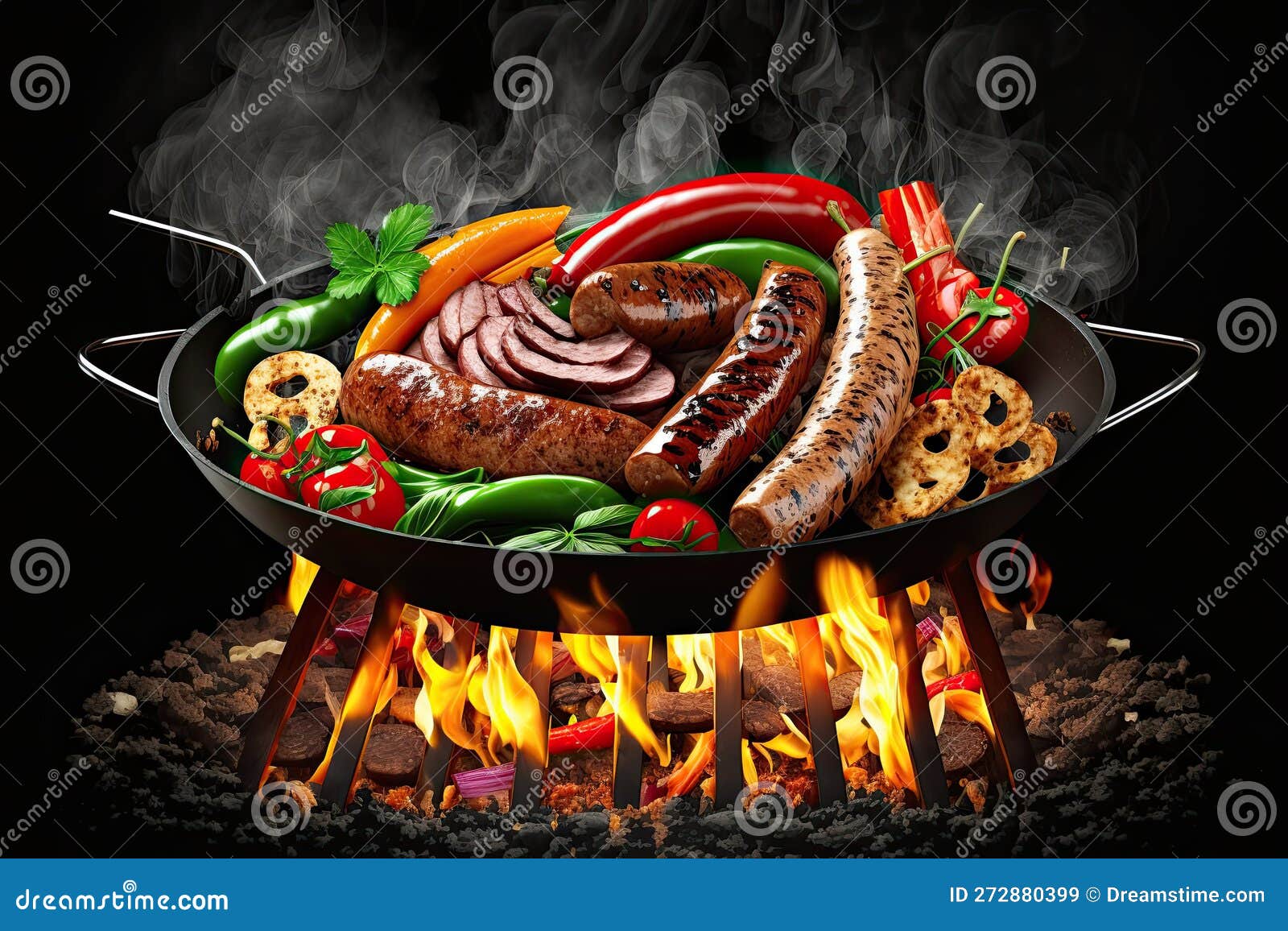 Meat on the Barbecue with Fire on the Dark Background. Generative AI ...