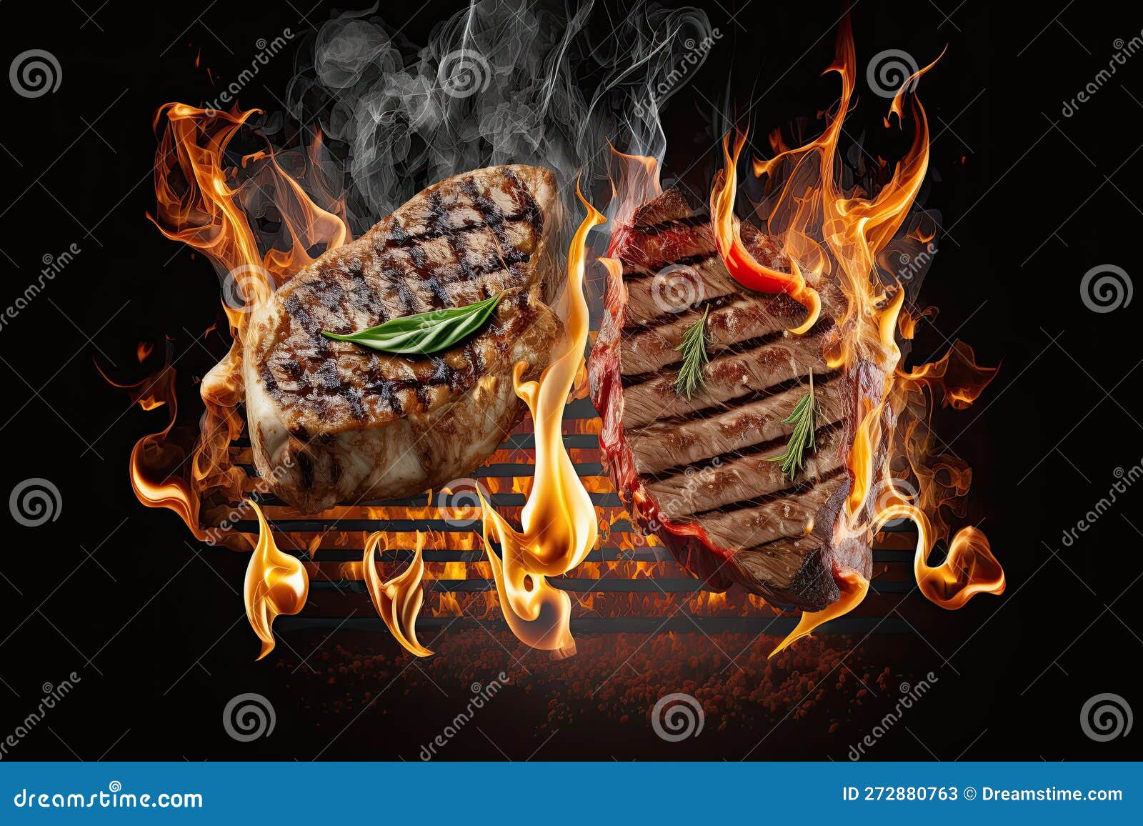 Meat on the Barbecue with Fire on the Dark Background. Generative AI ...