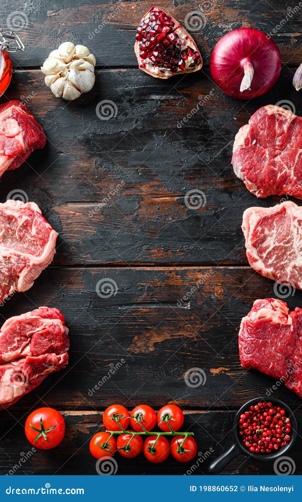 Meat Beef Steaks Frame Concept, with Different Steak Cuts on Dark Old ...
