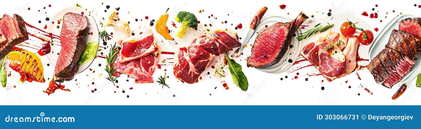 Meat Border In Horizontal Line Isolated On White. Different Types Of ...