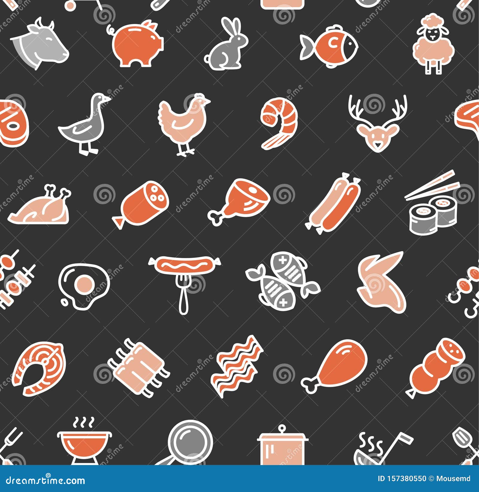 Meat Butchery Signs Thin Line Seamless Pattern Background on a Black ...