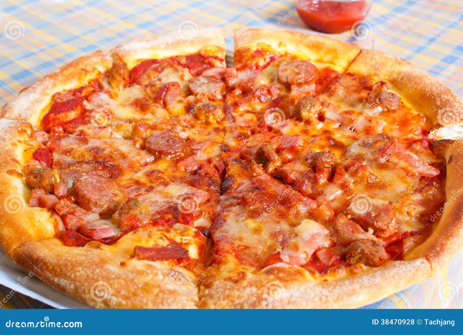 Meat deluxe pizza. stock photo. Image of lunch, baked - 38470928