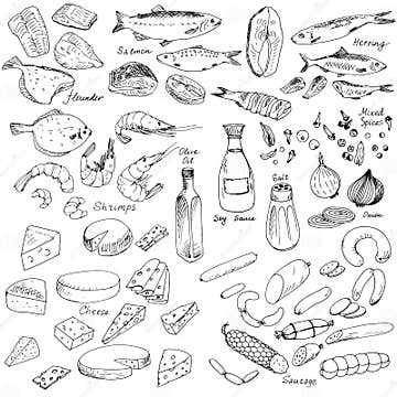 Meat,fish and Cheese, Food Set Stock Vector - Illustration of element ...