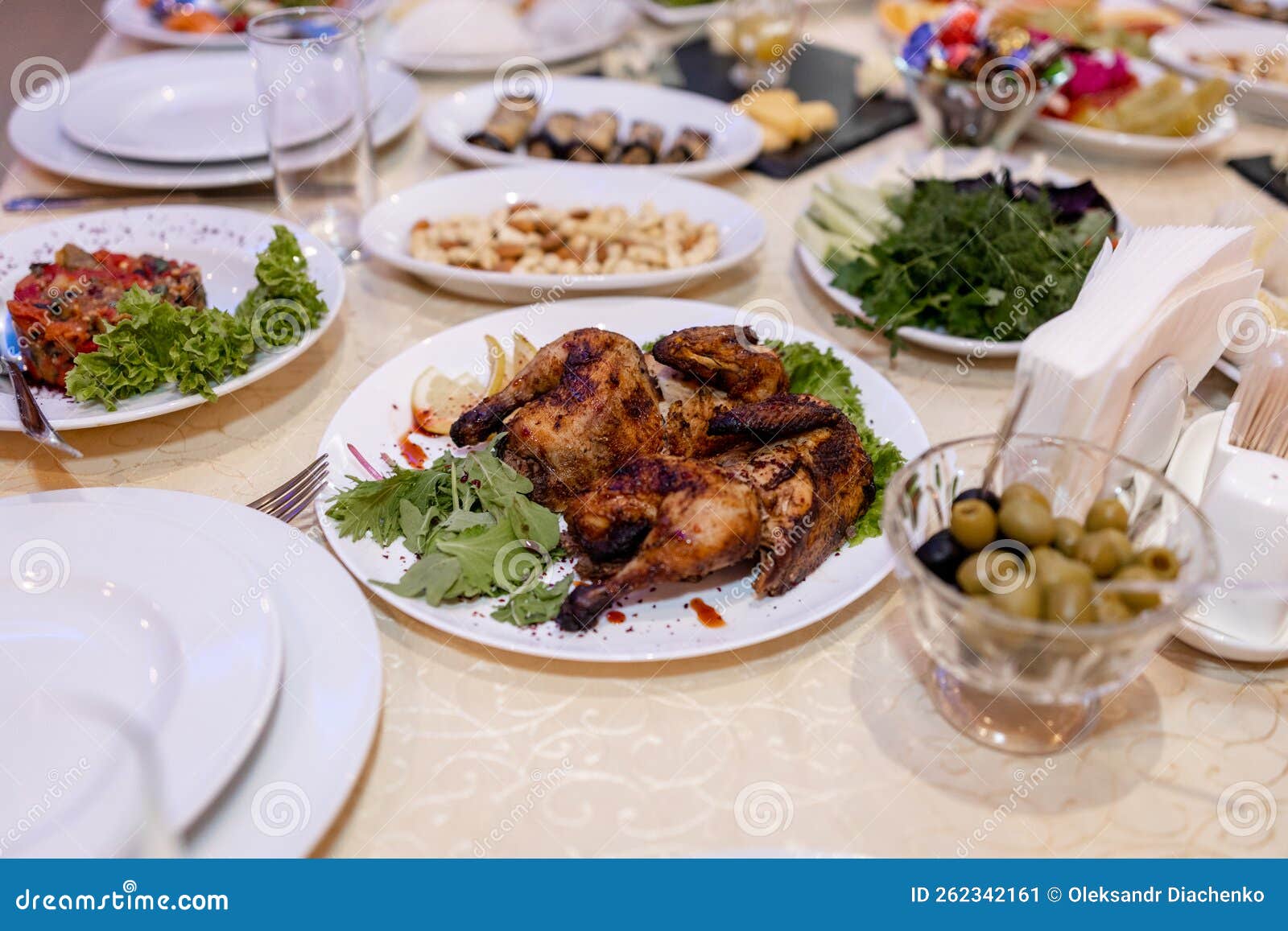 Meat and Food on the Table in the Restaurant Stock Image - Image of ...