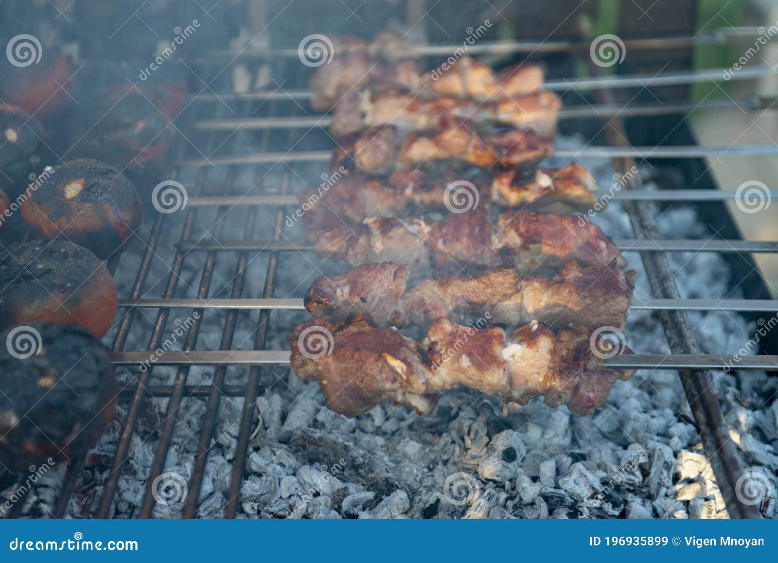 The Meat is Fried Over an Open Fire Stock Image - Image of open, smoke ...