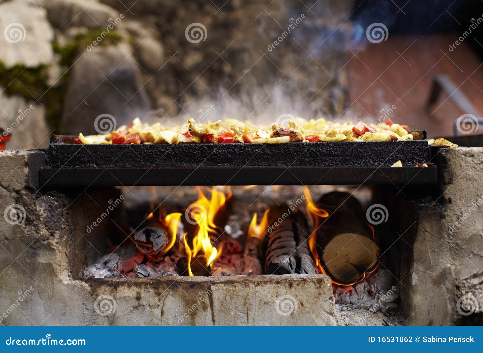 Meat Grill with Burning Wood Stock Photo - Image of preparing, barbecue ...