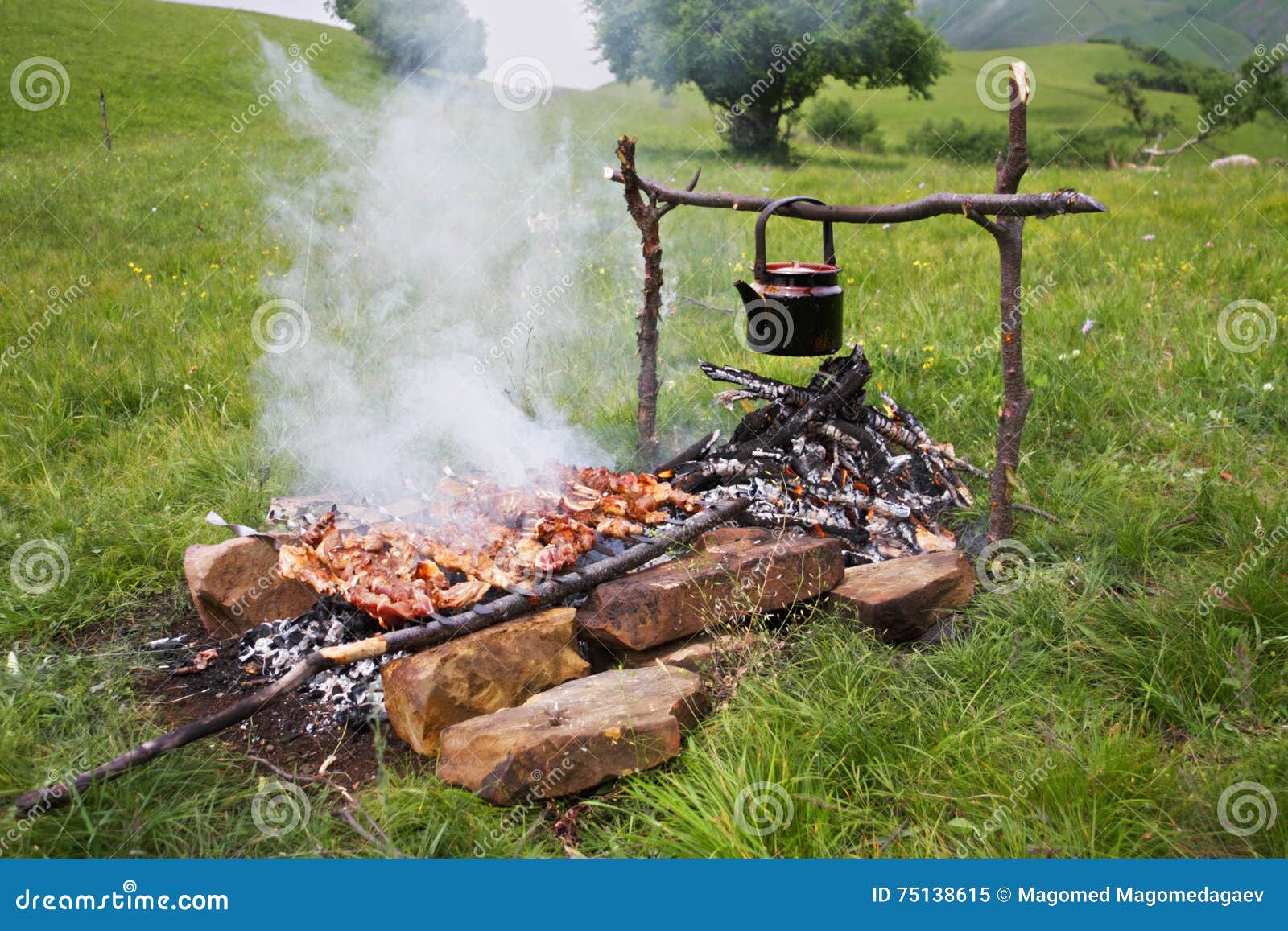 Meat grilled on charcoal stock image. Image of smoke - 75138615