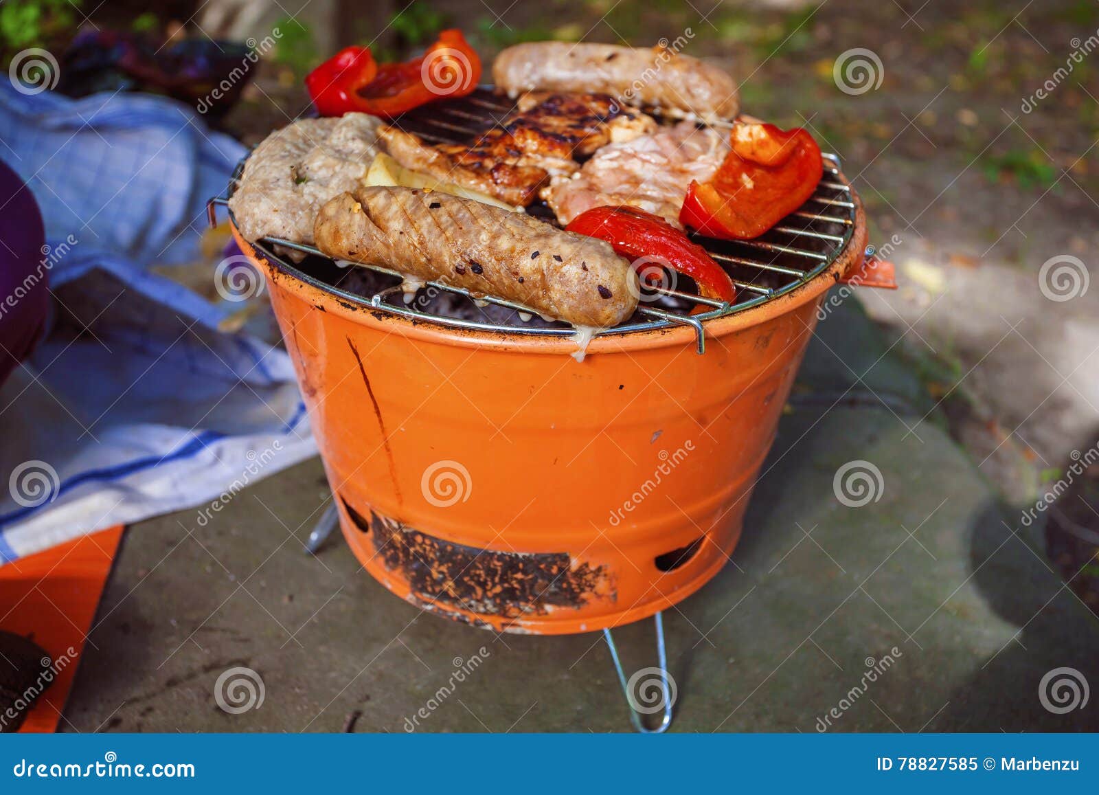 Meat Grilling Over the Coals on a Portable Barbecue Stock Image - Image ...