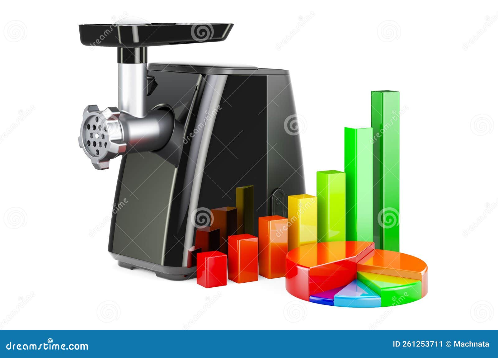 Meat Grinder with Growth Bar Graph and Pie Chart, 3D Rendering Stock ...