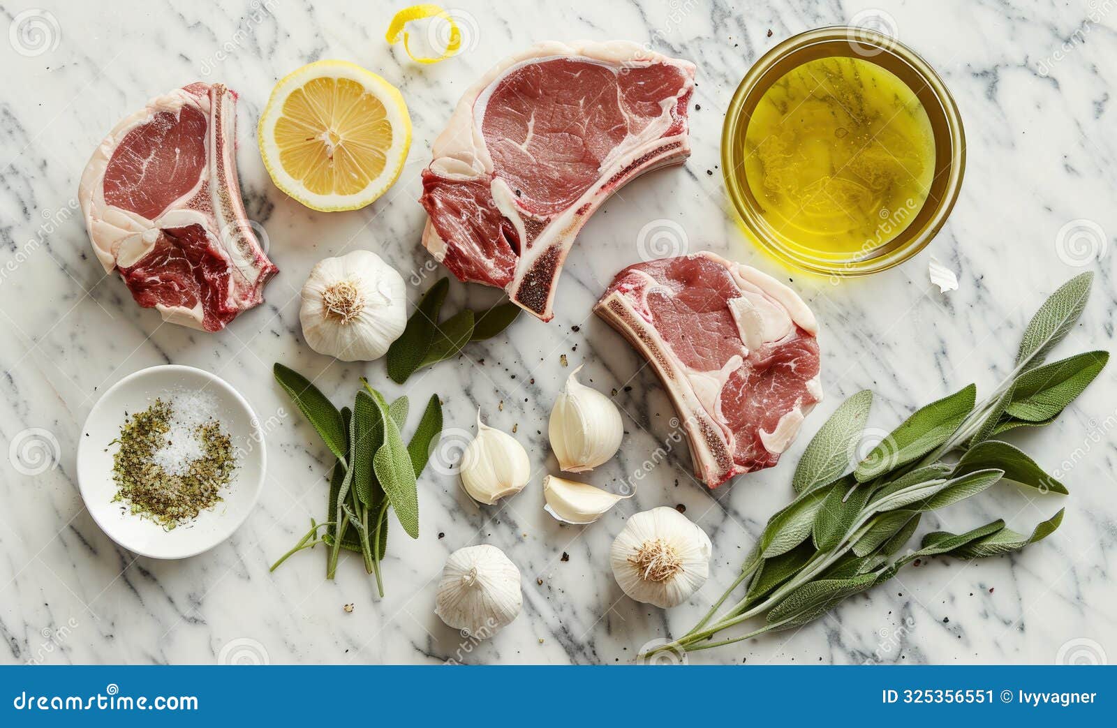 Meat Ingredients on a Marble Countertop, Raw Steak, Top View Stock ...