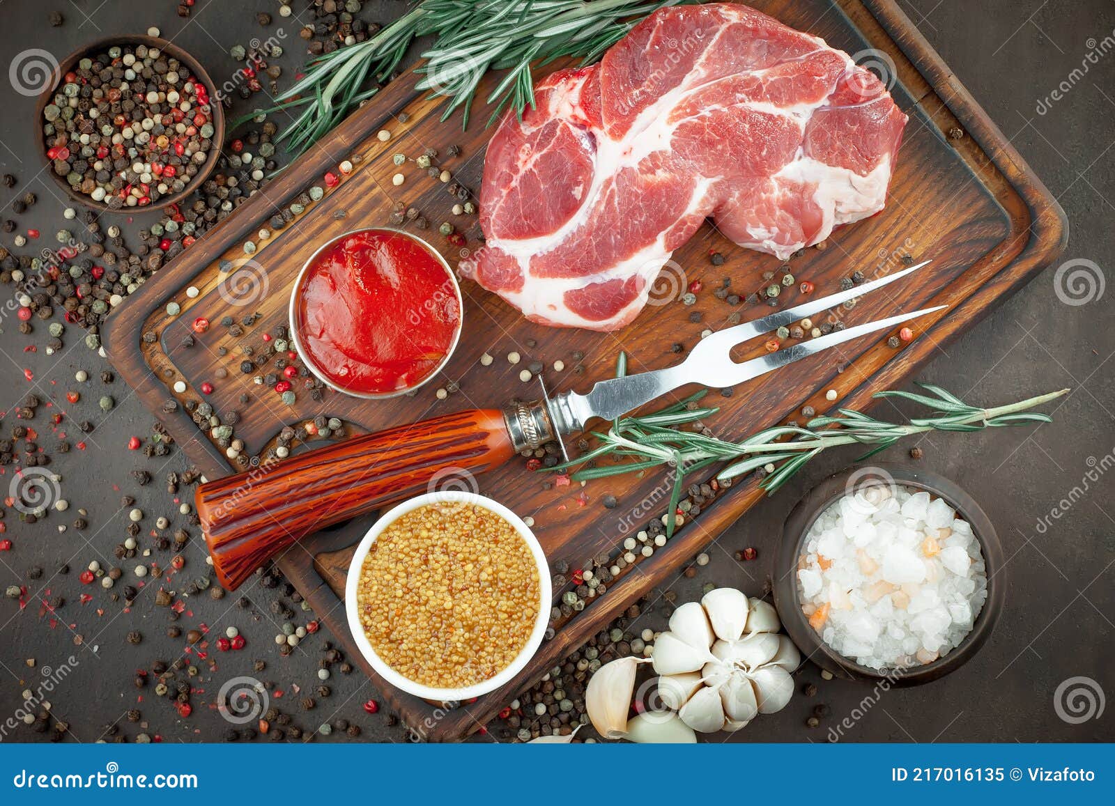 Meat with Kitchen Accessories on an Old Background. Stock Image - Image ...