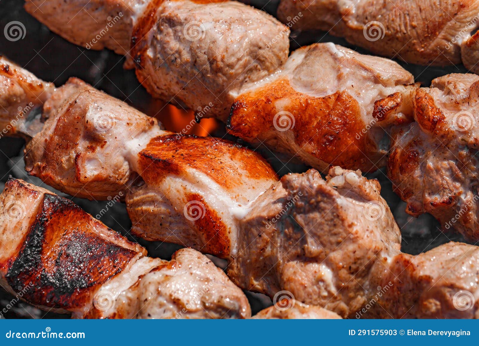 Meat with Lard Cooked in Chunks on Barbecue, Close-up, Selective Focus ...