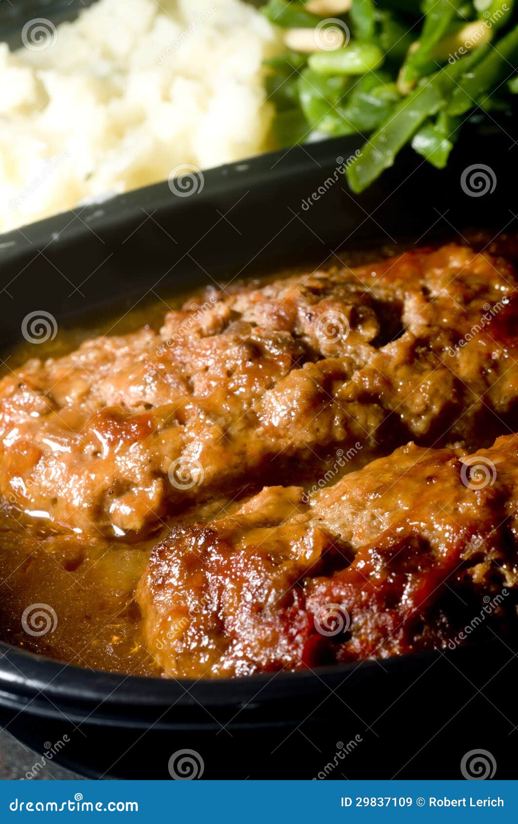 Meat Loaf Micro Wave with Mashed Potatoes String Beans Stock Image ...