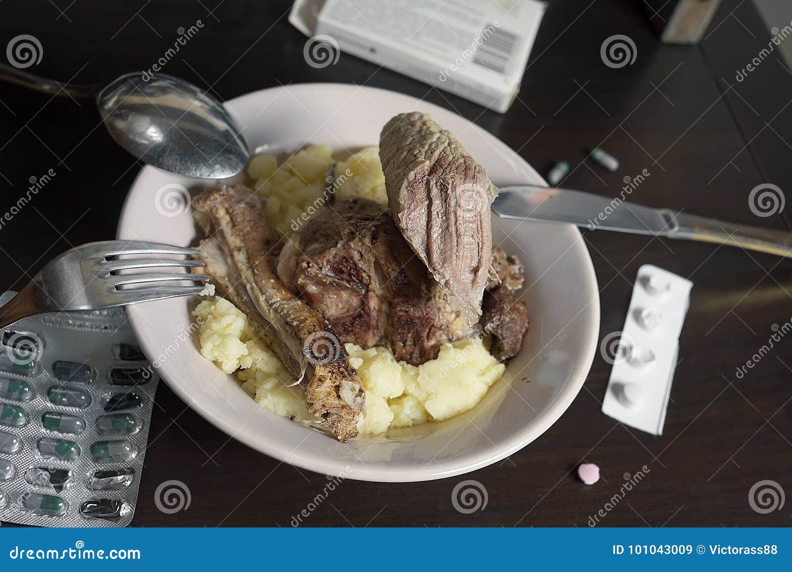 Meat with Potato and Pills stock image. Image of meat - 101043009