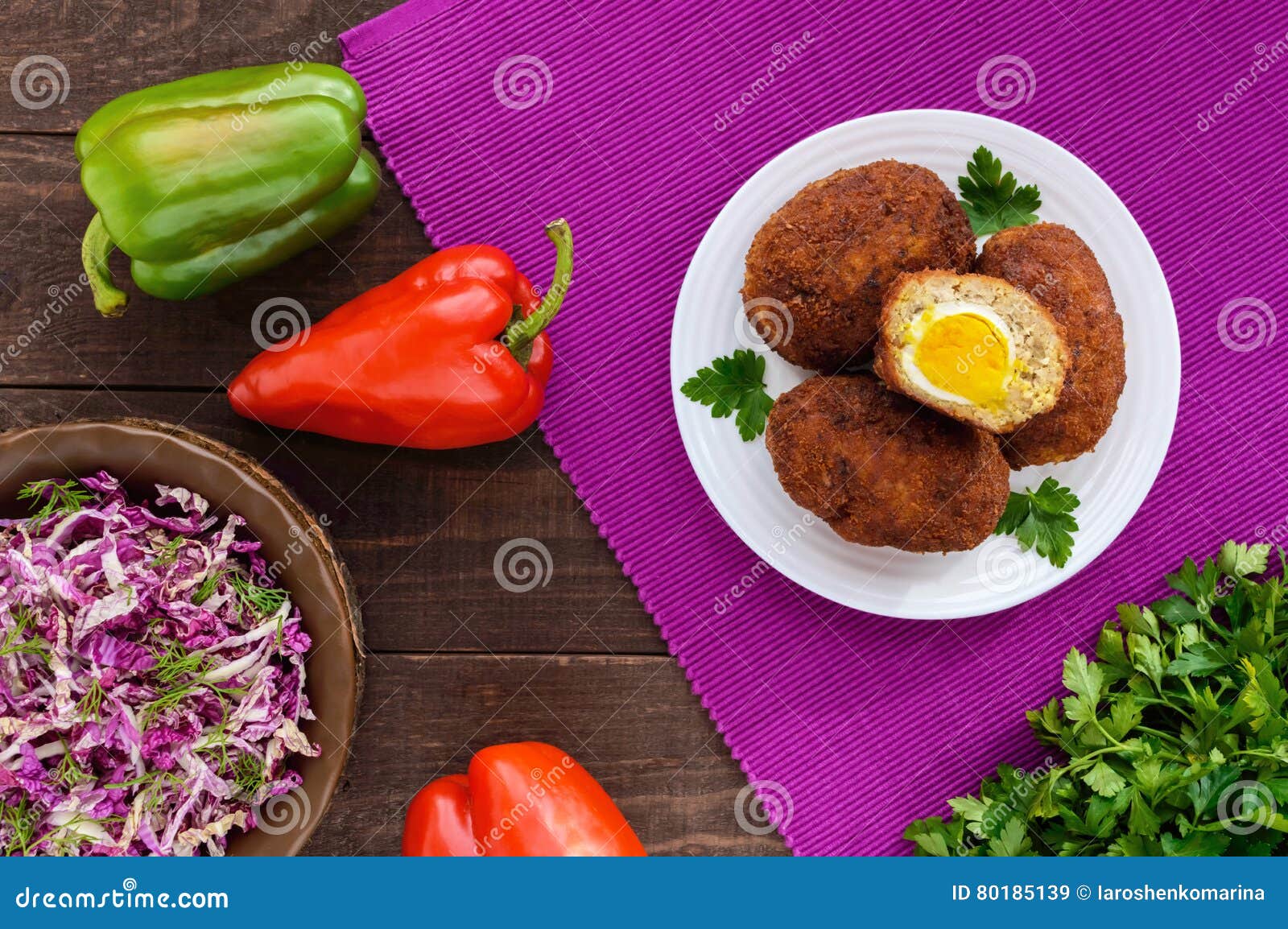 Meat Mini-rolls (cutlet) with Boiled Egg on Dark Wooden Background ...