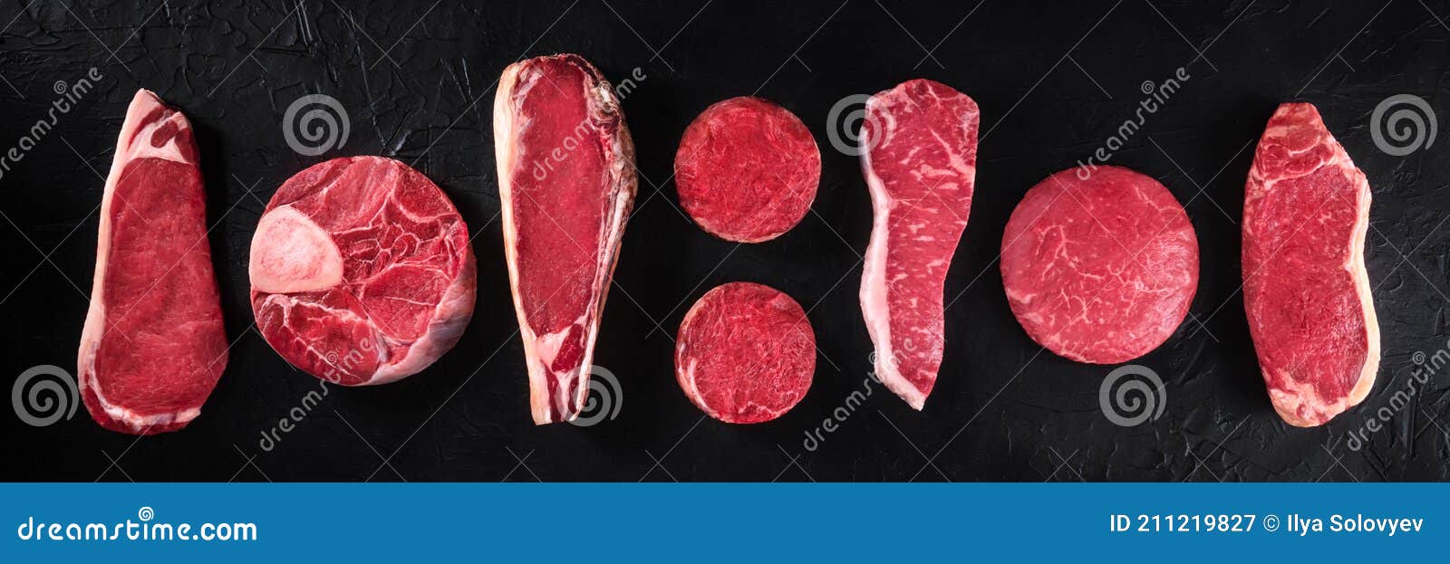 Meat Panorama. Various Cuts of Raw Beef, Overhead Flat Lay Shot Stock ...