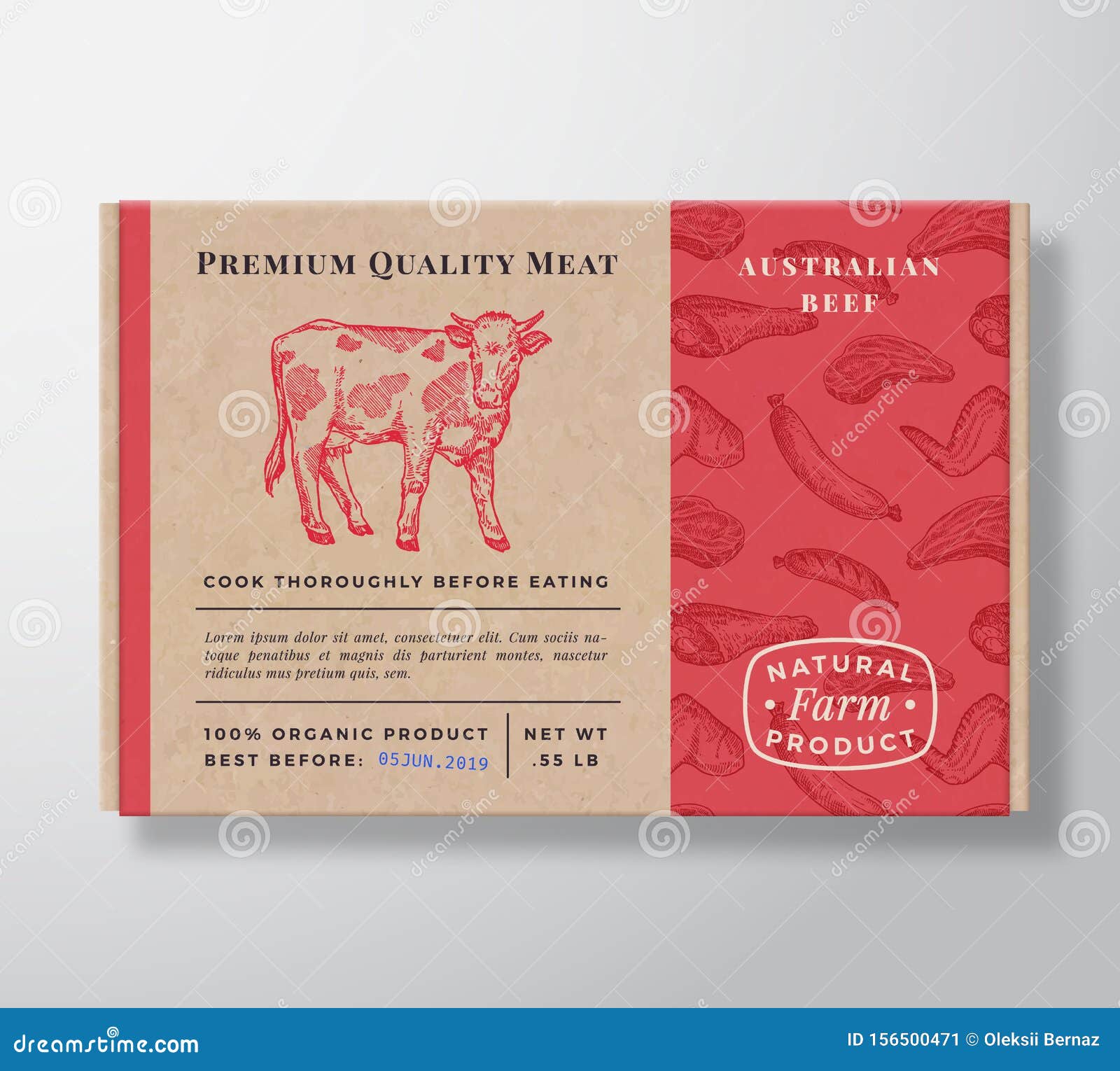 Meat Pattern Realistic Cardboard Box Container. Abstract Vector ...