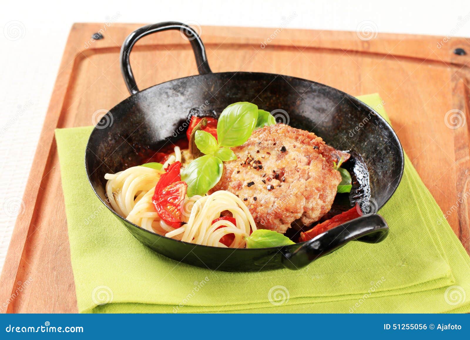 Meat Patty with Tomatoes and Spaghetti Stock Photo - Image of meat ...