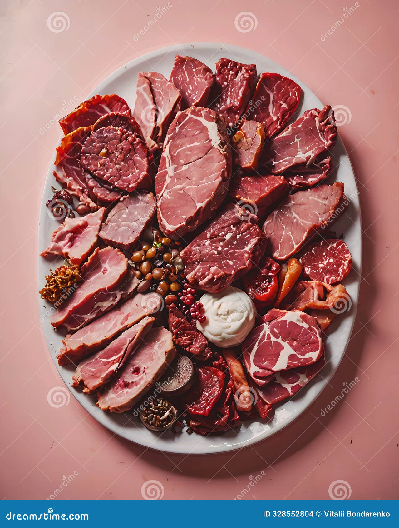 Meat Platter With Different Types Of Meat On A Pink Background. Royalty ...