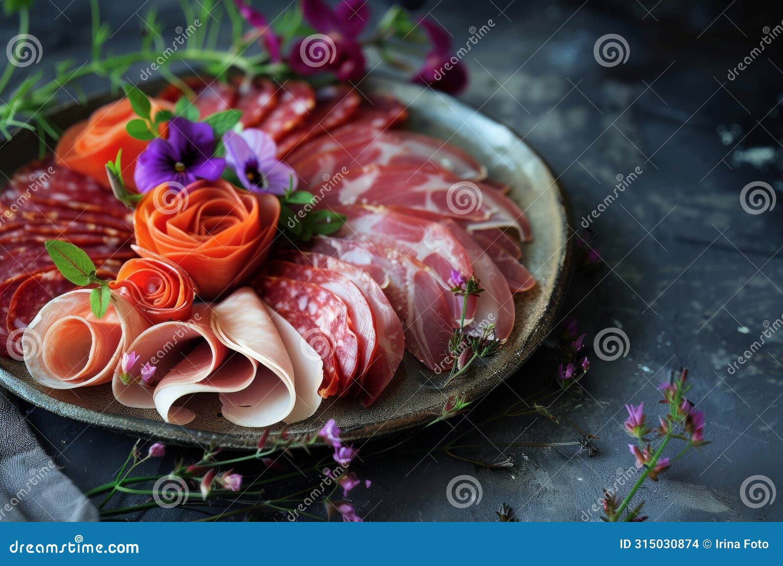 Meat Platter with Edible Flowers Stock Photo - Image of taste ...