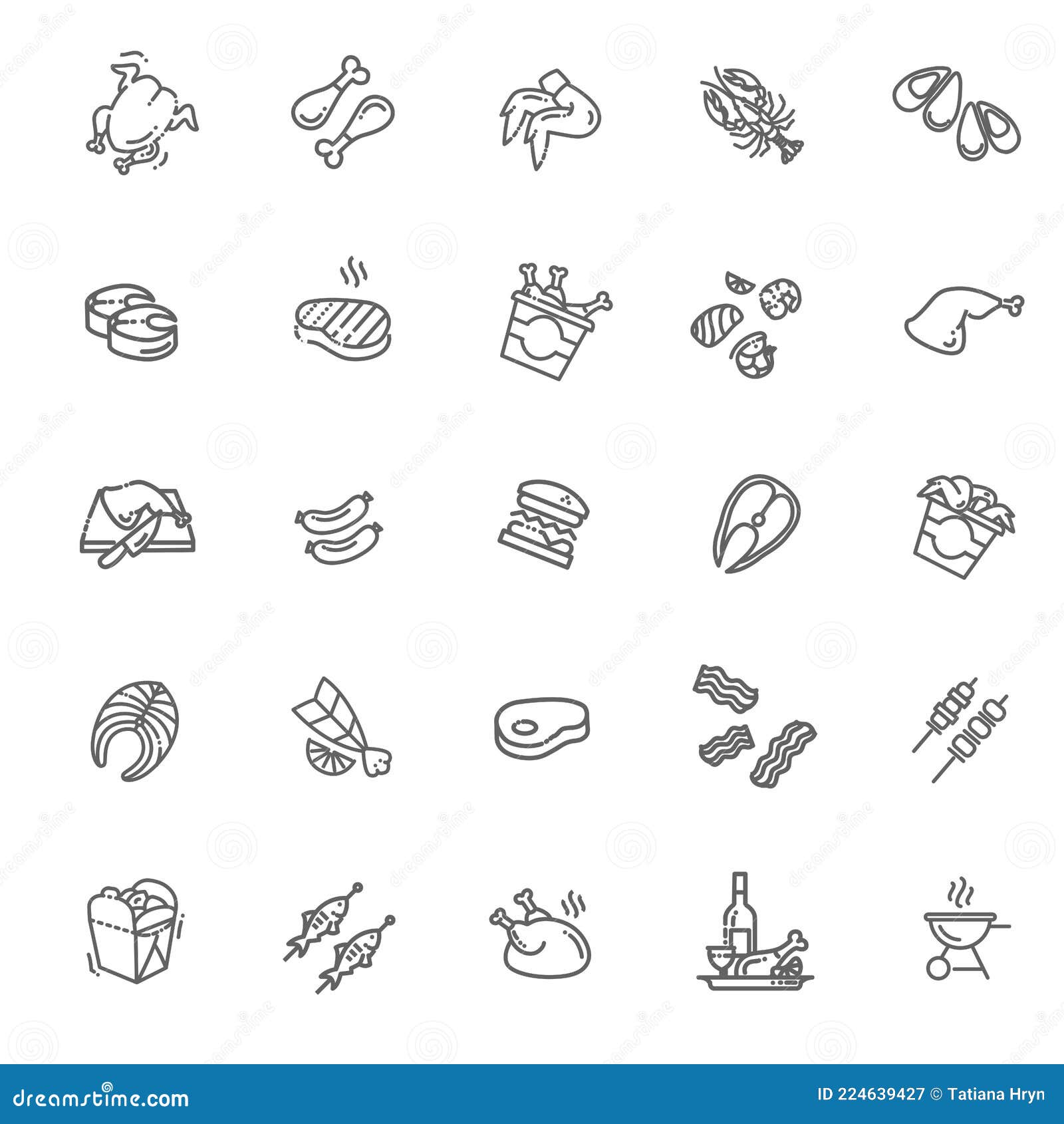 Meat, Poultry, Fish and Seafood - Minimal Thin Line Web Icon Set Stock ...