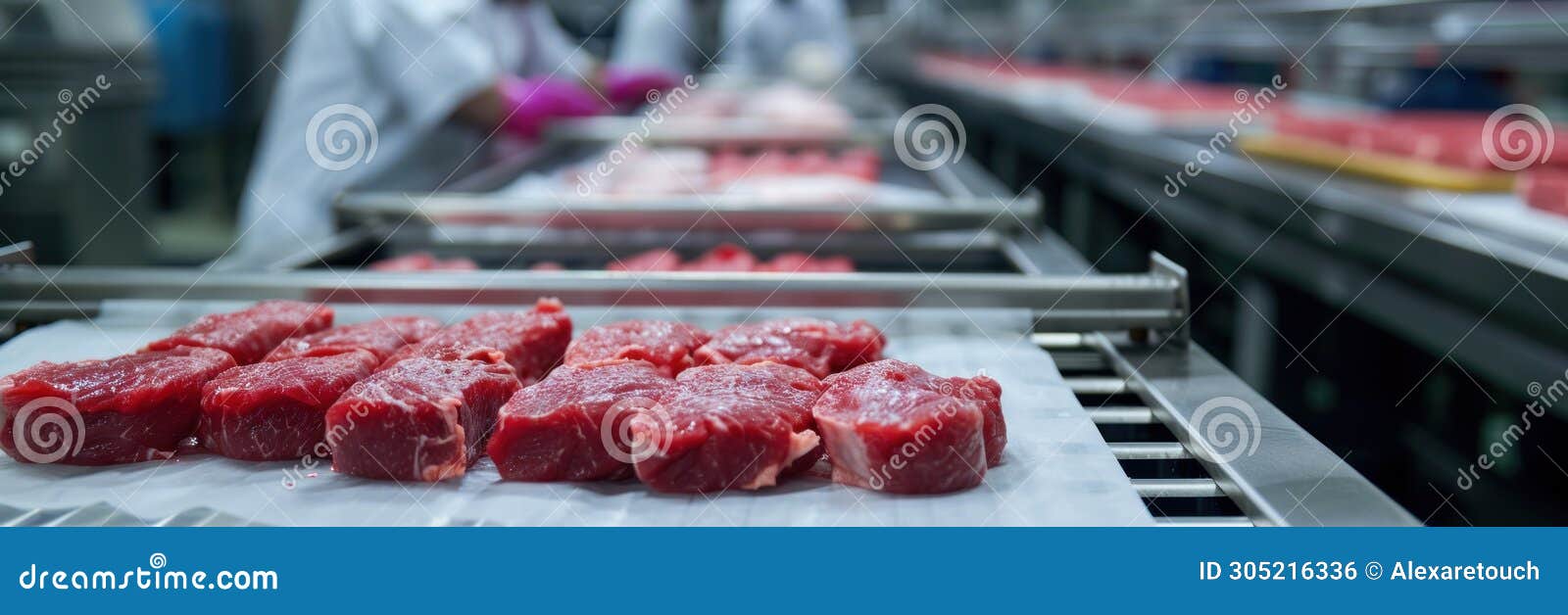 Meat Processing Facility with Raw Cuts on Conveyor Belt. Stock Photo ...
