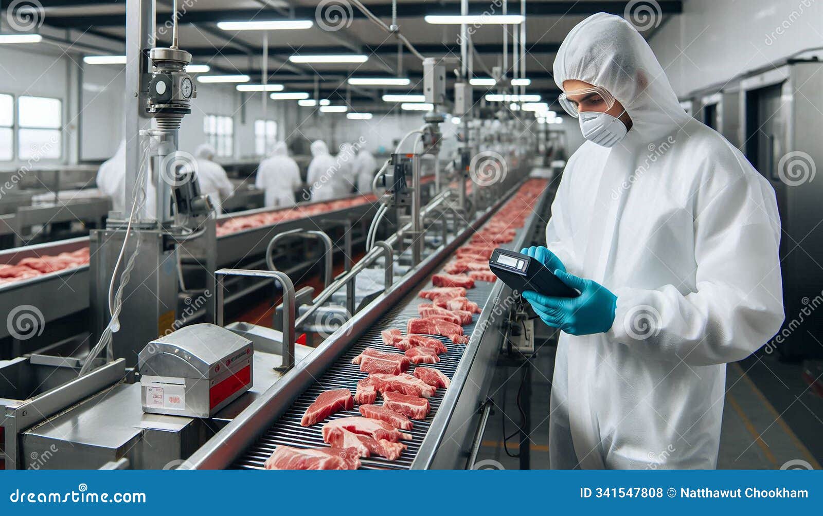 Meat Processing Facility with Worker in Safety Gear Stock Illustration ...