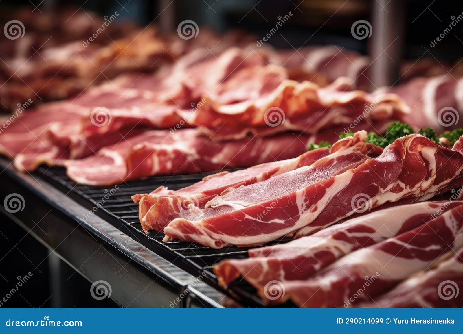 Meat Processing Plant. Slices of Fresh Bacon and Mint Slices on a ...