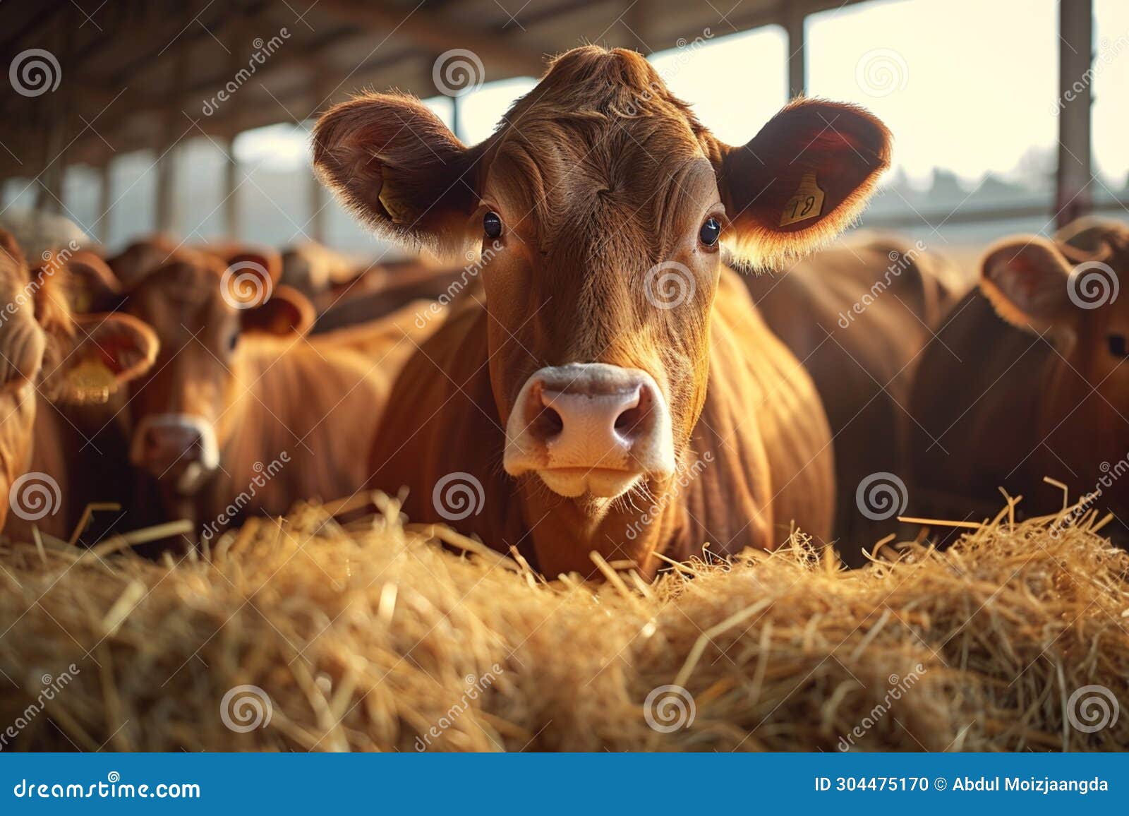Meat Production Beef Cattle Peacefully Feeding on Hay in Cowshed Stock ...