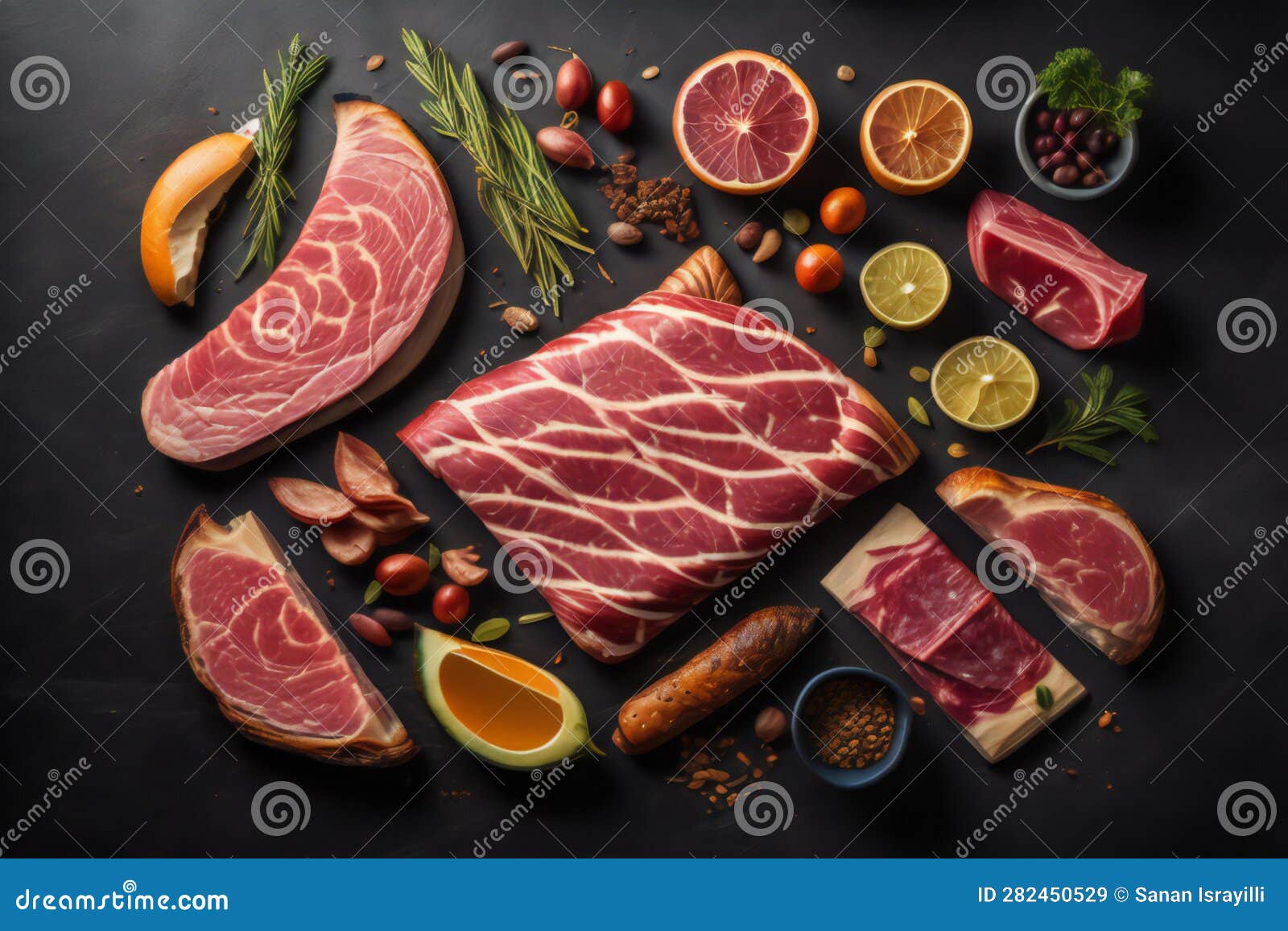 Meat Products on a Black Background, Top View, Copy Space. Generative ...