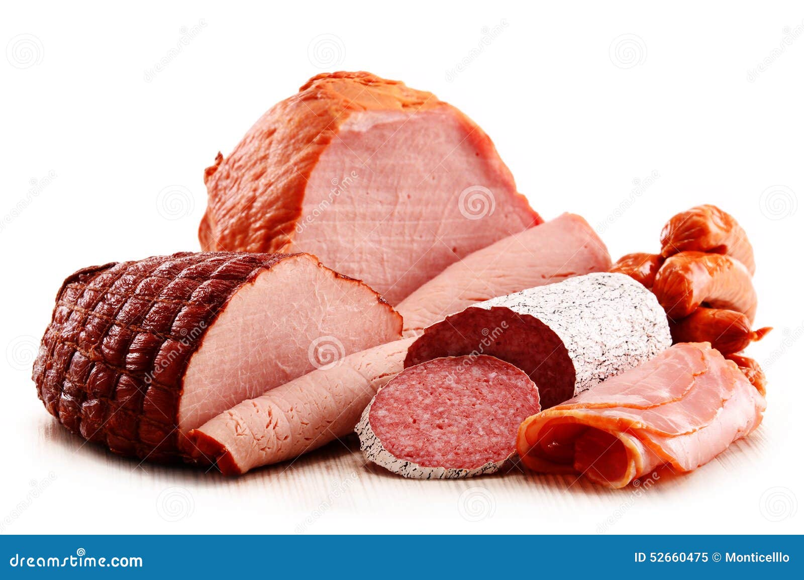 Meat Products Including Ham and Sausages on White Stock Image - Image ...
