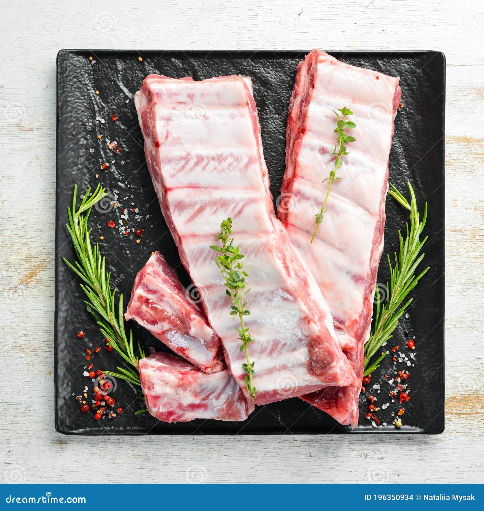 Meat. Raw Pork Ribs with Rosemary. Top View Stock Photo - Image of beef ...