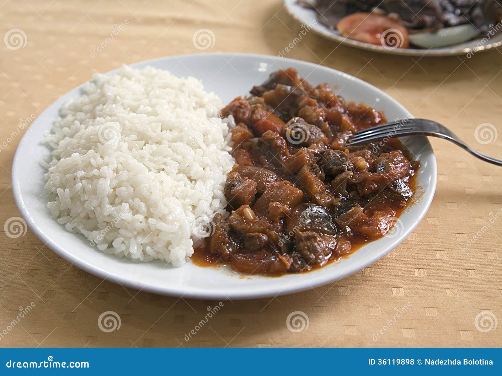 Meat with rice on a plate stock photo. Image of everyday - 36119898