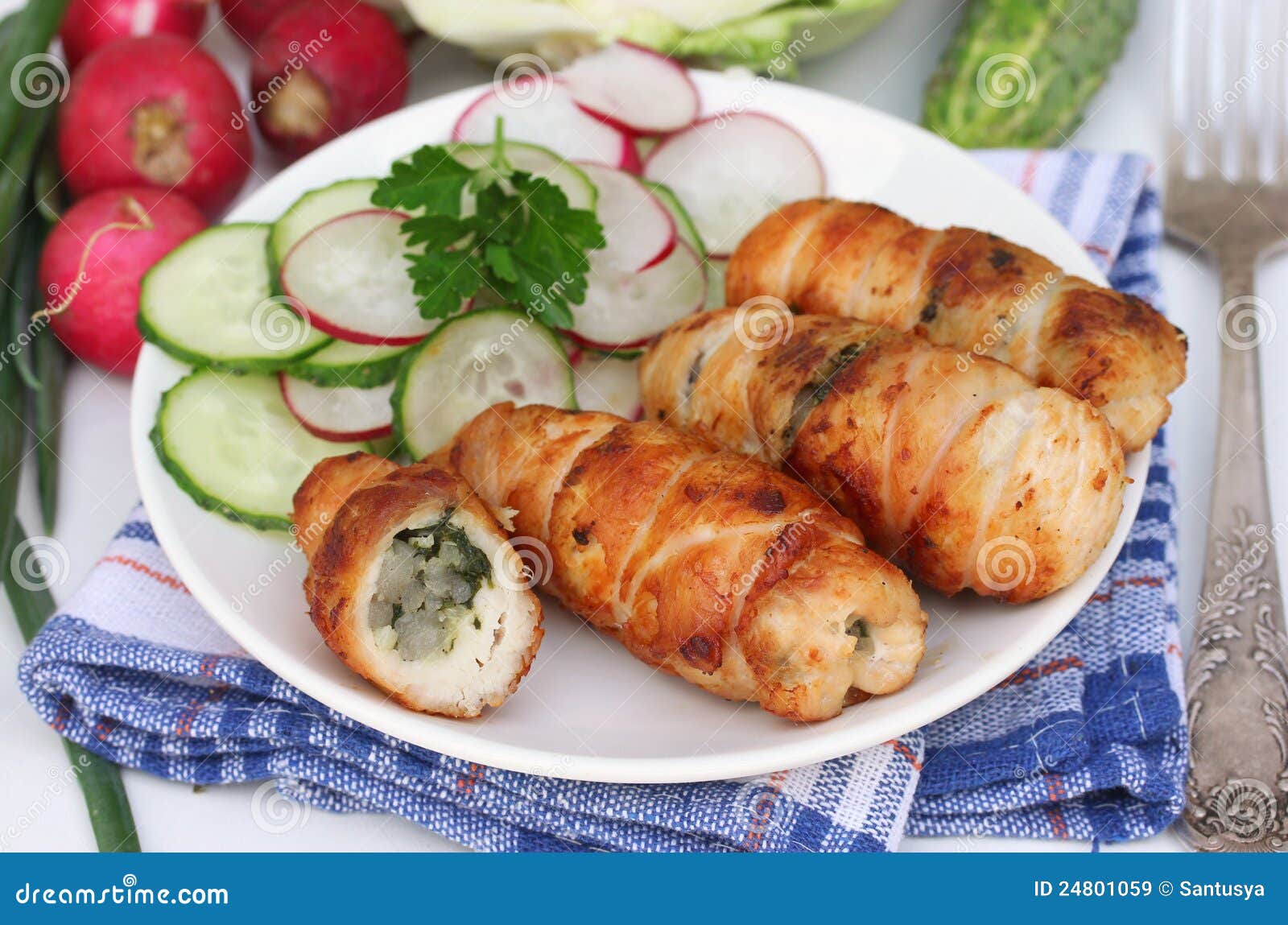 Meat Rolls and Vegetable Salad for Lunch Stock Image - Image of ...