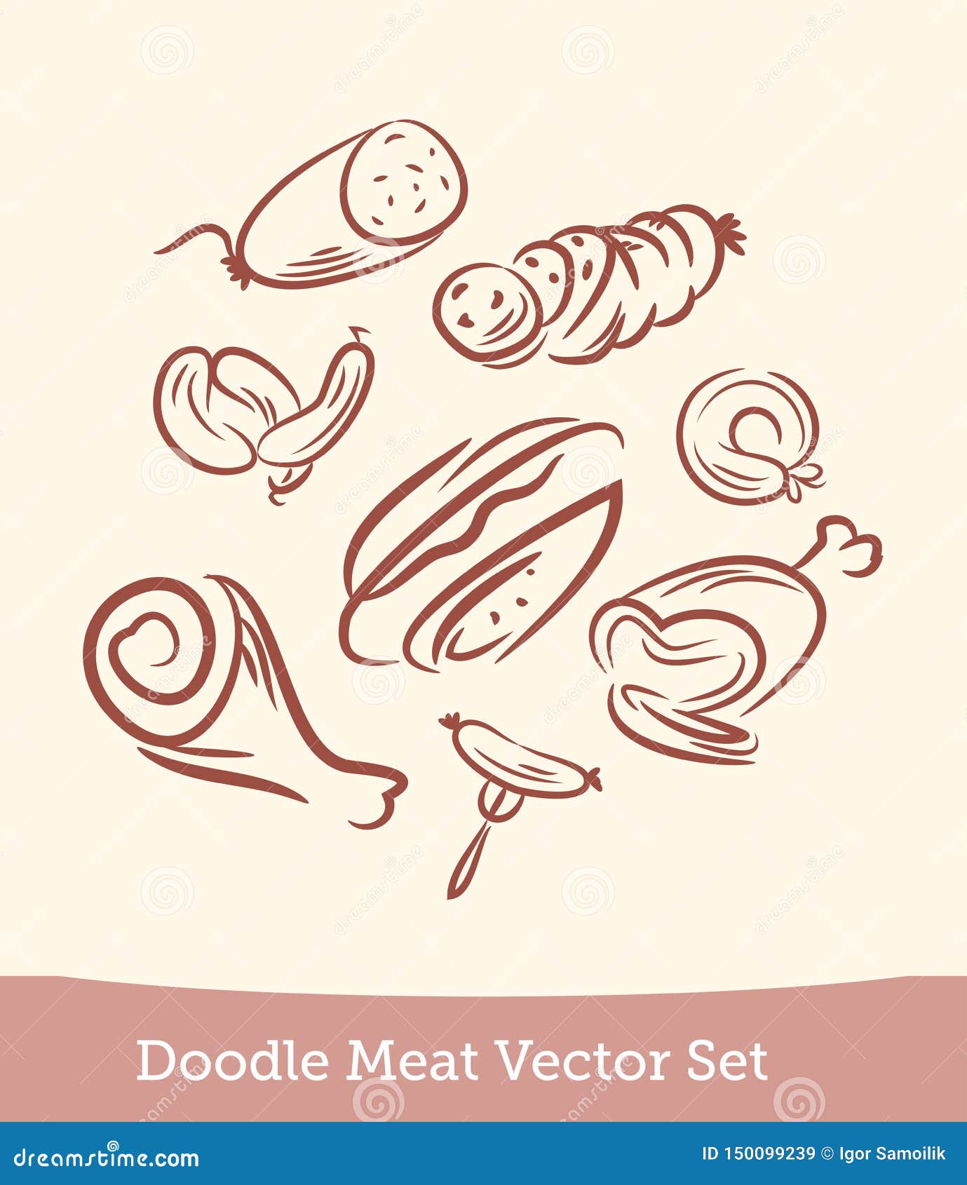 Meat Set Doodle Isolated on White Background. Vector Stock Vector ...