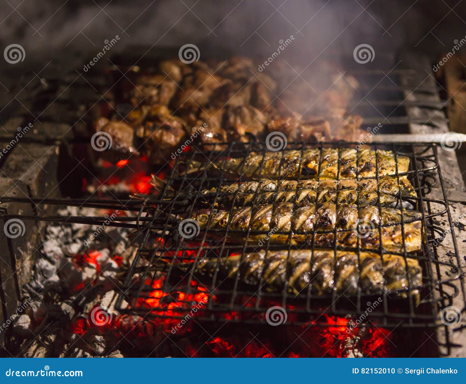 Meat Skewers and Fish on the Barbecue Coals Stock Photo - Image of burn ...